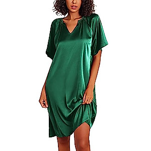 Ekouaer Silk Night Gown for Women Satin Night Shirts for Sleepwear Short Sleeve Pj Dress Soft Lounge Dress (Dark Green, M)