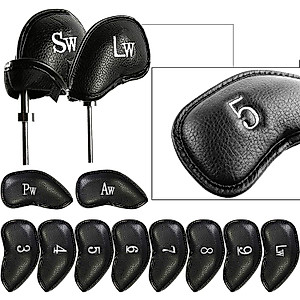 Golf Iron Head Covers 12 Pcs/Set Synthetic Leather Value Pack Deluxe Headcovers Fit All Brands Blue Red Black Green Brown for Men Women (Black)