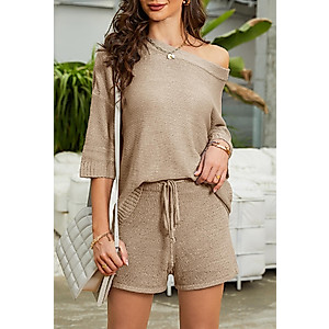 Mafulus Women's 2 Piece Outfits Sweater Sets Off Shoulder Knit Top Shorts Matching Suits Cute Pajama Lounge Set