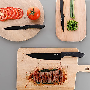 HISSF Chef Knife Set 7 Piece,Black High Carbon Stainless Steel Kitchen Knife Sets with Block Acrylic, Knife Block Set with Knife Sharpener Professional,Non Stick Coating for Rust Proof and Sharp