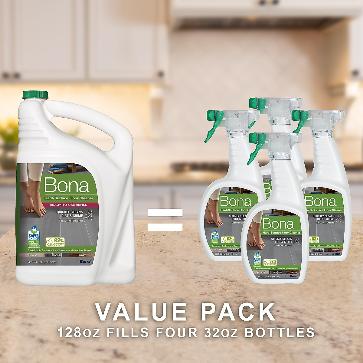 Bona Multi-Surface Floor Cleaner Refill, for Stone Tile Laminate and Vinyl LVT/LVP, 128 Fl Oz