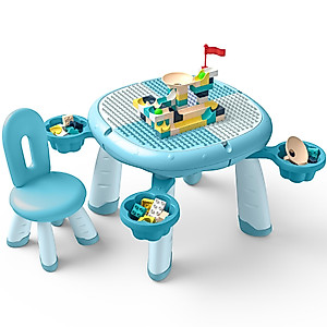 DOREROOM Kids Table and Chair, Kids Multi-Activity Table with Double-Side Tabletop, Toddler Table and Chair Set for Ages Over 1, Block Table with Storage, Toddler Activity Table for Daycare (Blue)