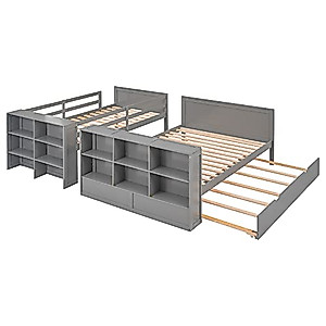 MERITLINE Twin Over Full Bunk Bed with Trundle and Storage Shelves, Solid Wood Bunk Bed Frame, can be Separated into Three Separate Platform Beds, Gray
