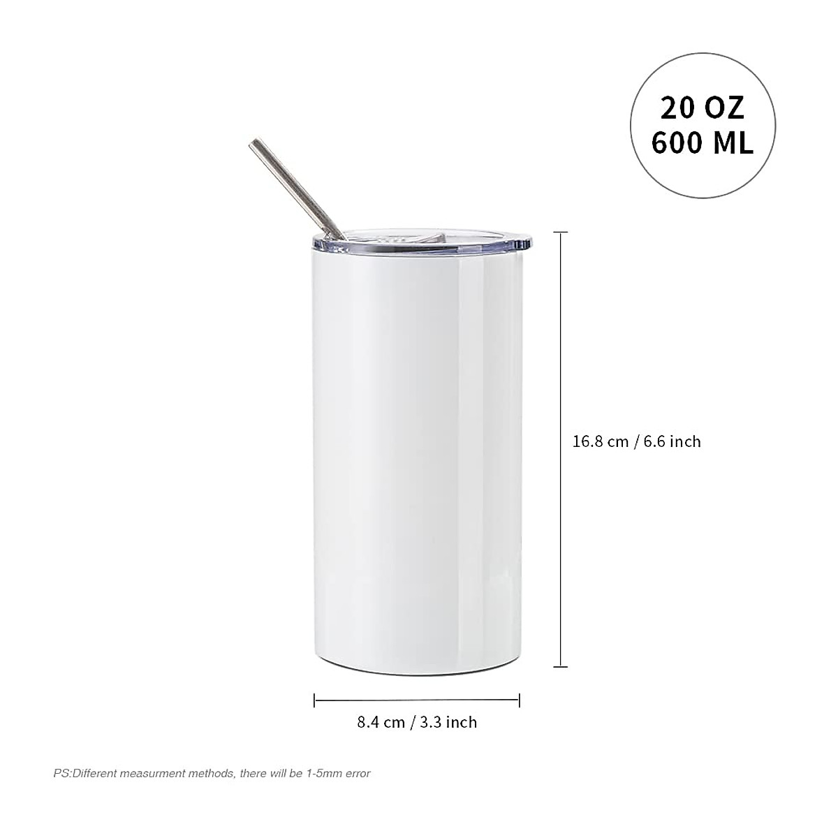 PYD Life Sublimation Blanks Tumbler Straight Fatty 20 OZ White Stainless Steel Tumbler Cups with Lid and Metal Straw for Cricut Mug Press Machine Sublimation Print 4 Pack