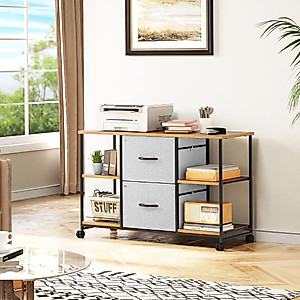 YITAHOME Mobile Lateral File Cabinet, Fabric Mobile Filing Cabinet with 4 Open Storage Shelves, Printer Stand with 2 Drawers for Home Office, Fits A4/Letter Size,Grey & Brown