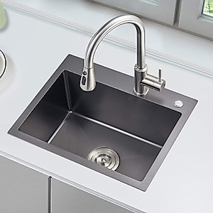 OUGOO 25 x 18inch Drop-in Tight Radius Black Stainless Steel Topmount Kitchen Sink Single Bowl