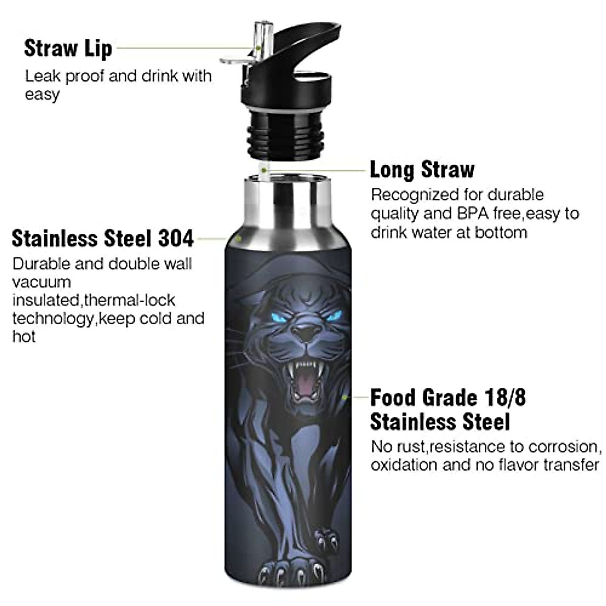 senya 20 Oz Water Bottle with Straw Roaring Black Panther Stainless Steel Water Bottle for Traveling Sports Leakproof Insulated Water Bottle