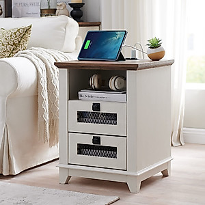 Nightstand with Charging Station,OKD 18'' Industrial & Farmhouse Square End Table w/ 2 Drawers & Open Cubby, Rustic Mesh Drawer Sofa Side Table w/Storage for Bedroom, Living Room Office, Antique White