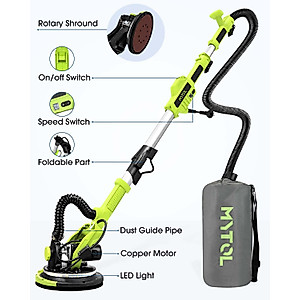 Drywall Sander, MYTOL 7.2A Electric Wall Sander with Vacuum Dust Collection, 6 Adjustable Speeds 900-1800RPM, LED Light, Extendable Handle, Foldable Electric Drywall Sanders 12Pcs Sanding discs-H21K3