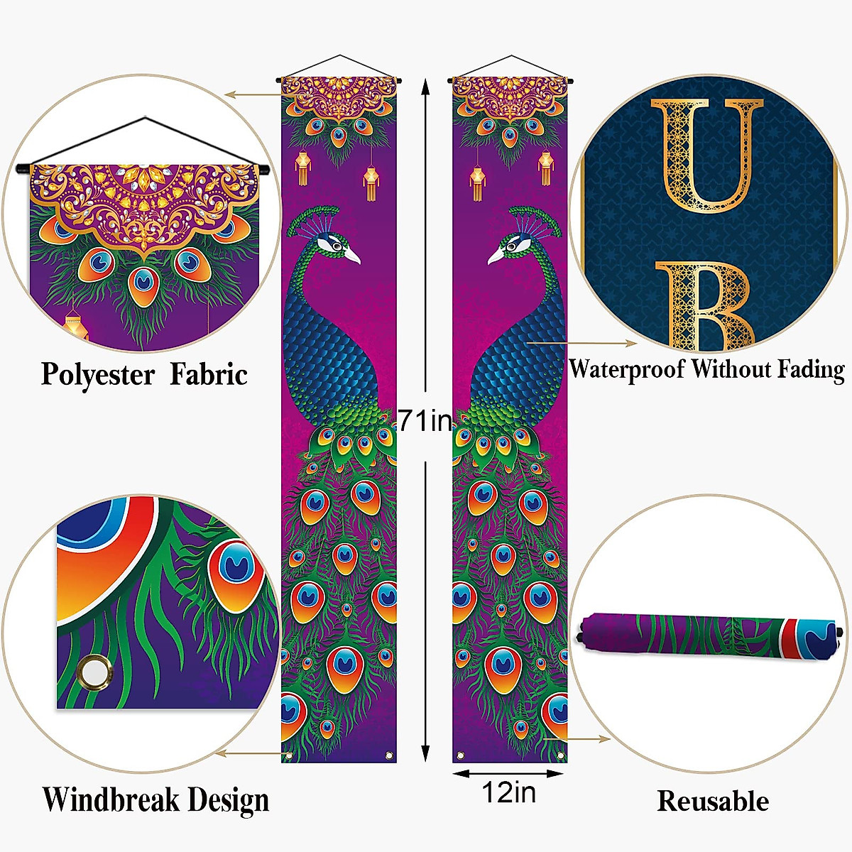 Diwali Porch Banner Deepavali Peacock Indian Festival of Lights Party Front Door Sign Wall Hanging Banner Decoration