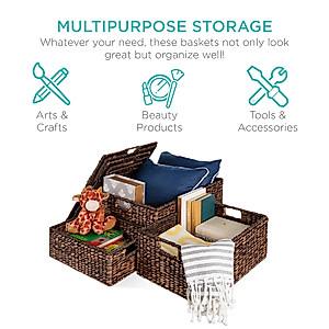 Best Choice Products Set of 3 Large Multipurpose Hyacinth Storage Baskets, Handwoven Rectangular Organizer Totes for Bedroom, Living Room w/Insert Handles, Removable Lid - 21", 20", 18"