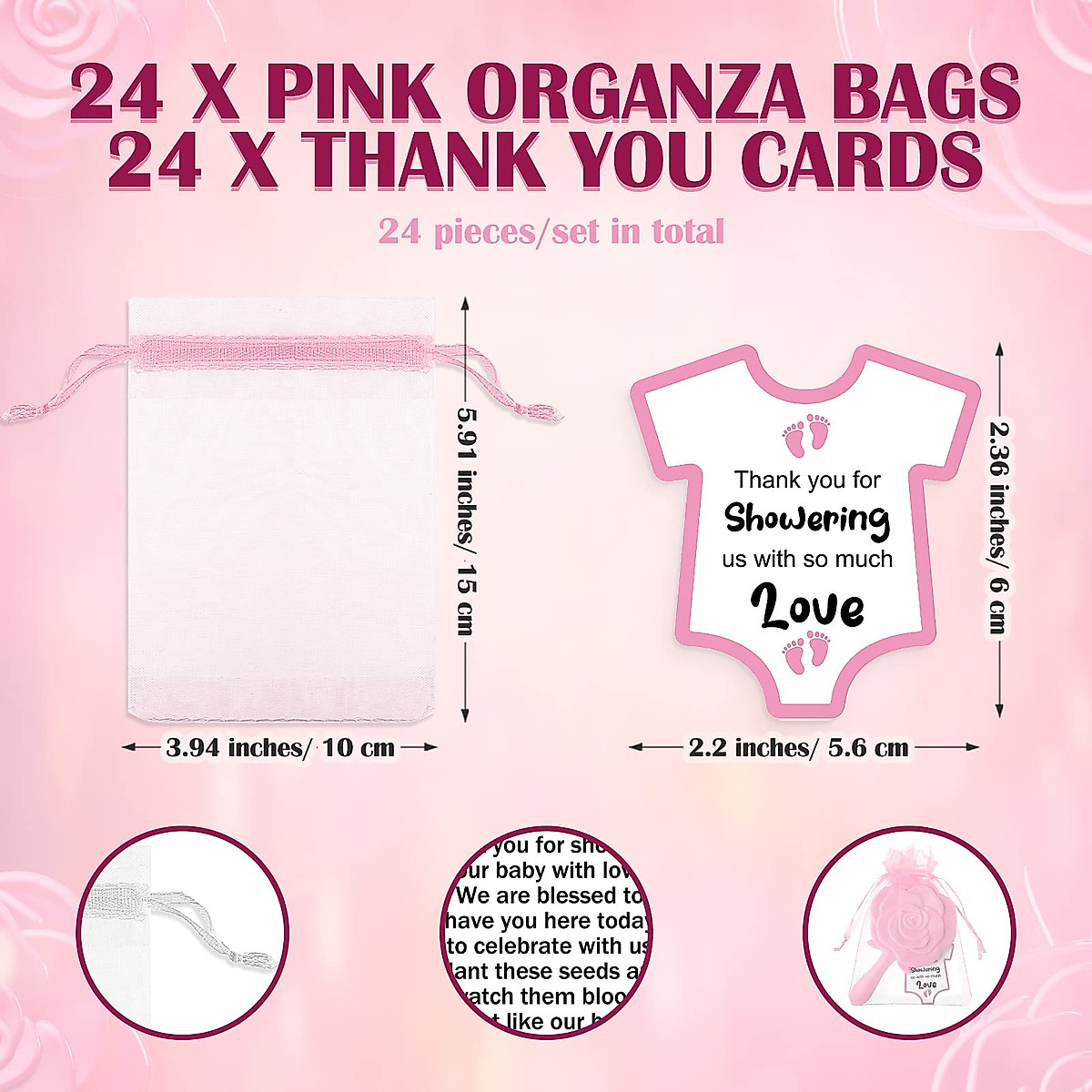 24 Sets Baby Shower Party Favors 24 Pcs Pink Rose Design Handheld Mirrors Thank You Gift Cards and Organza Bags for Guest Gifts Girls Baby Shower Gender Reveal Party Supplies