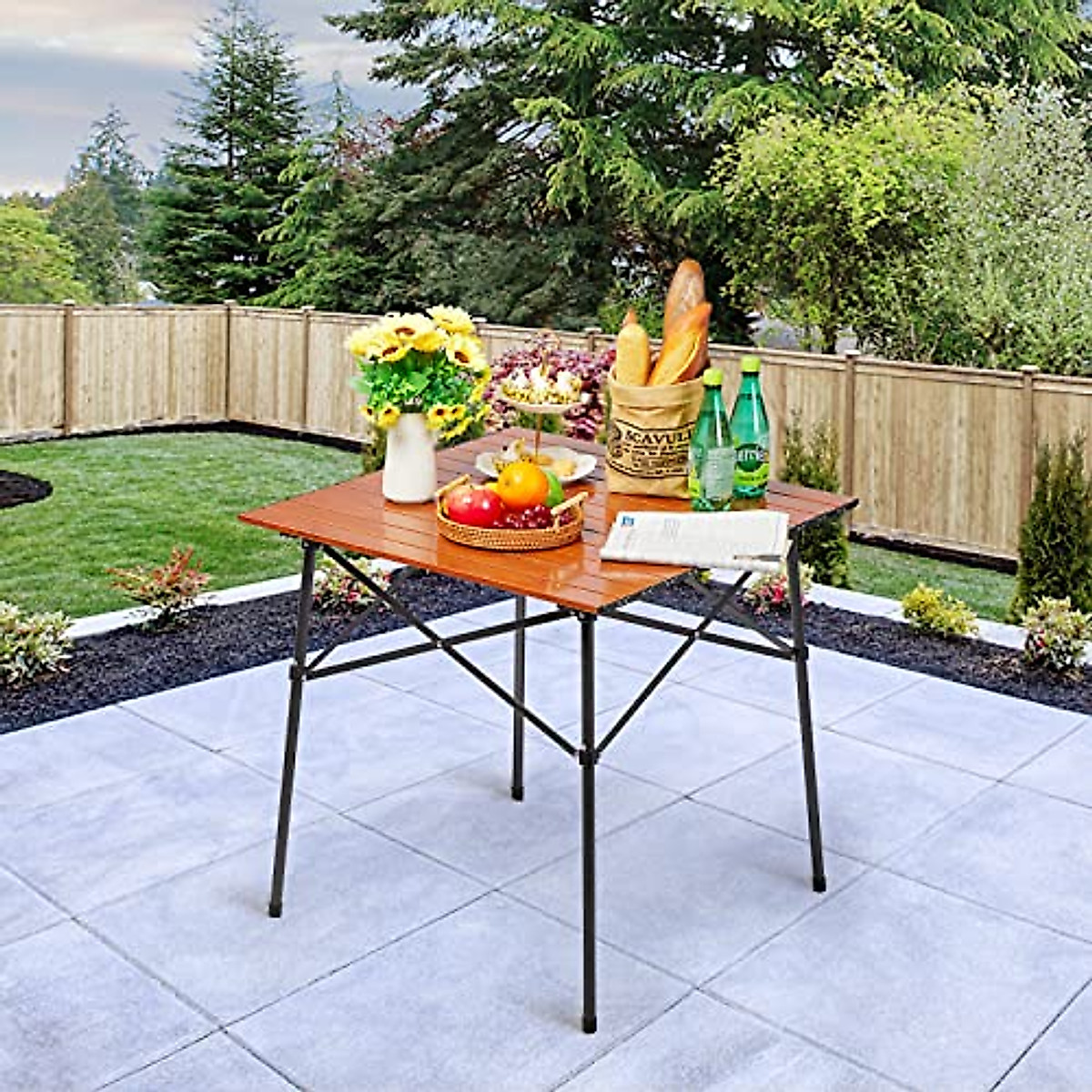 PORTAL Lightweight Aluminum Folding Square Table Roll Up Top 4 People Compact Table with Carry Bag for Camping, Picnic, Backyards, BBQ, Brown