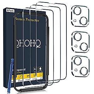 QHOHQ 3 Pack Screen Protector for iPhone 14 Plus 6.7 Inch with 3 Pack Tempered Glass Camera Lens Protector, Ultra HD, 9H Hardness, Case Friendly [Easy to Install Frame]