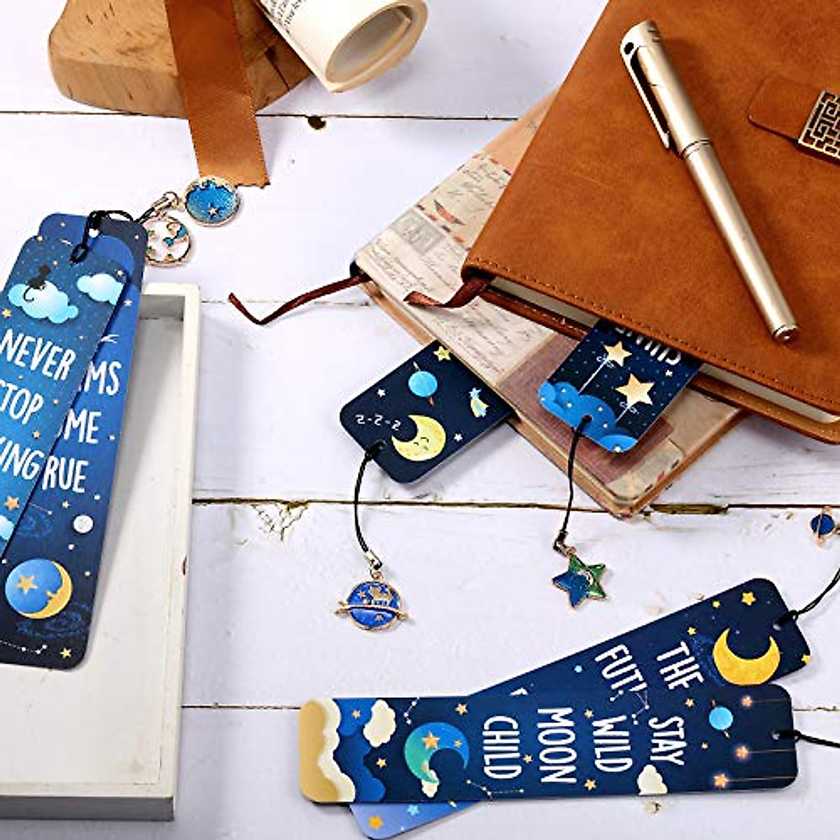 12 Pcs Bookmarks for Children Cat Moon Star Celestial Theme Space Bookmarks with Metal Charms Inspirational Quotes Bookmarker Gift for Kids Boys Girls School Reading (Novelty Style)