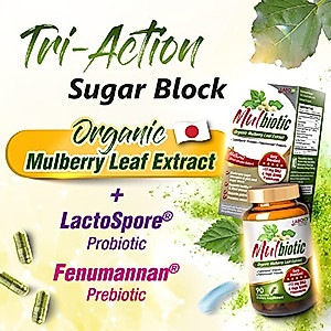 LABO Nutrition Mulbiotic Capsule, Organic Mulberry Leaf Extract + LactoSpore Probiotic & Fenumannan Prebiotic, for Healthy Blood Glucose Leval, Sugar & Carb Cravings Support, Vegetarian, Non-GMO