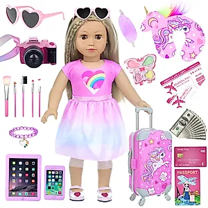 DOTVOSY 29 Pcs American 18 Inch Doll Clothes and Accessories Travel Suitcase Set Designed for 18" Dolls Including Pillow, Sunglasses, Camera, Passport, Phone, Laptop etc