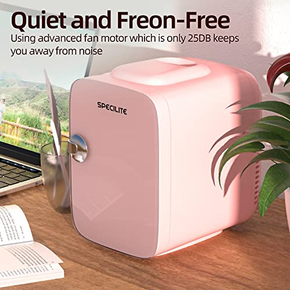 SPECILITE Mini Fridge for Skin Care, Portable Beauty Fridge with Eraser Board Door and Bead Chain(4 Liter/6 Can) Cooler and Warmer, Personal AC/DC Refrigerator for Makeup, Food, Travel, Pink