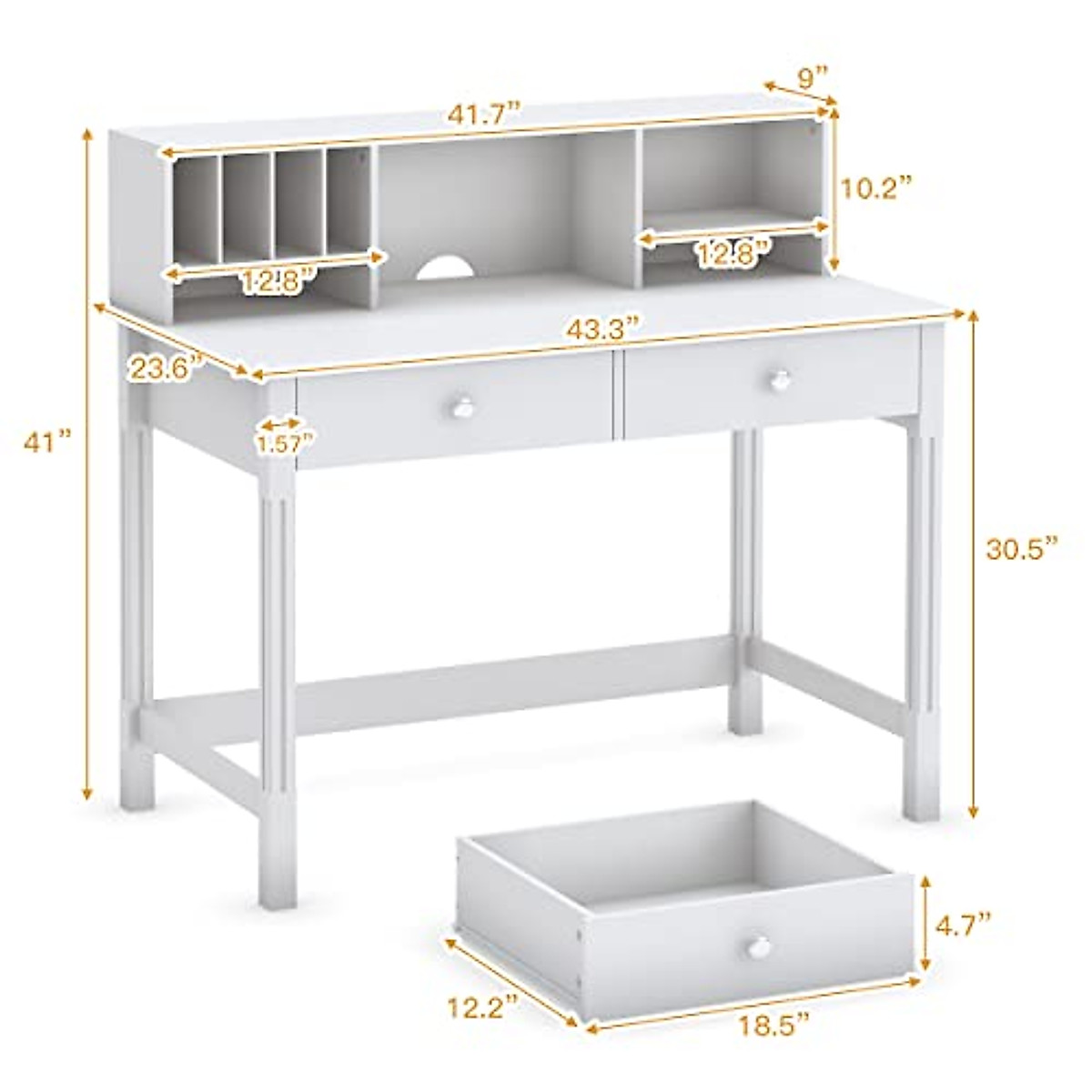 WiberWi Computer Desk with Drawers and Hutch, 43.3 inch White Home Office Desks Small Makeup Vanity Desk Table with Storage for Small Spaces Bedroom, Writing Desk Study Table