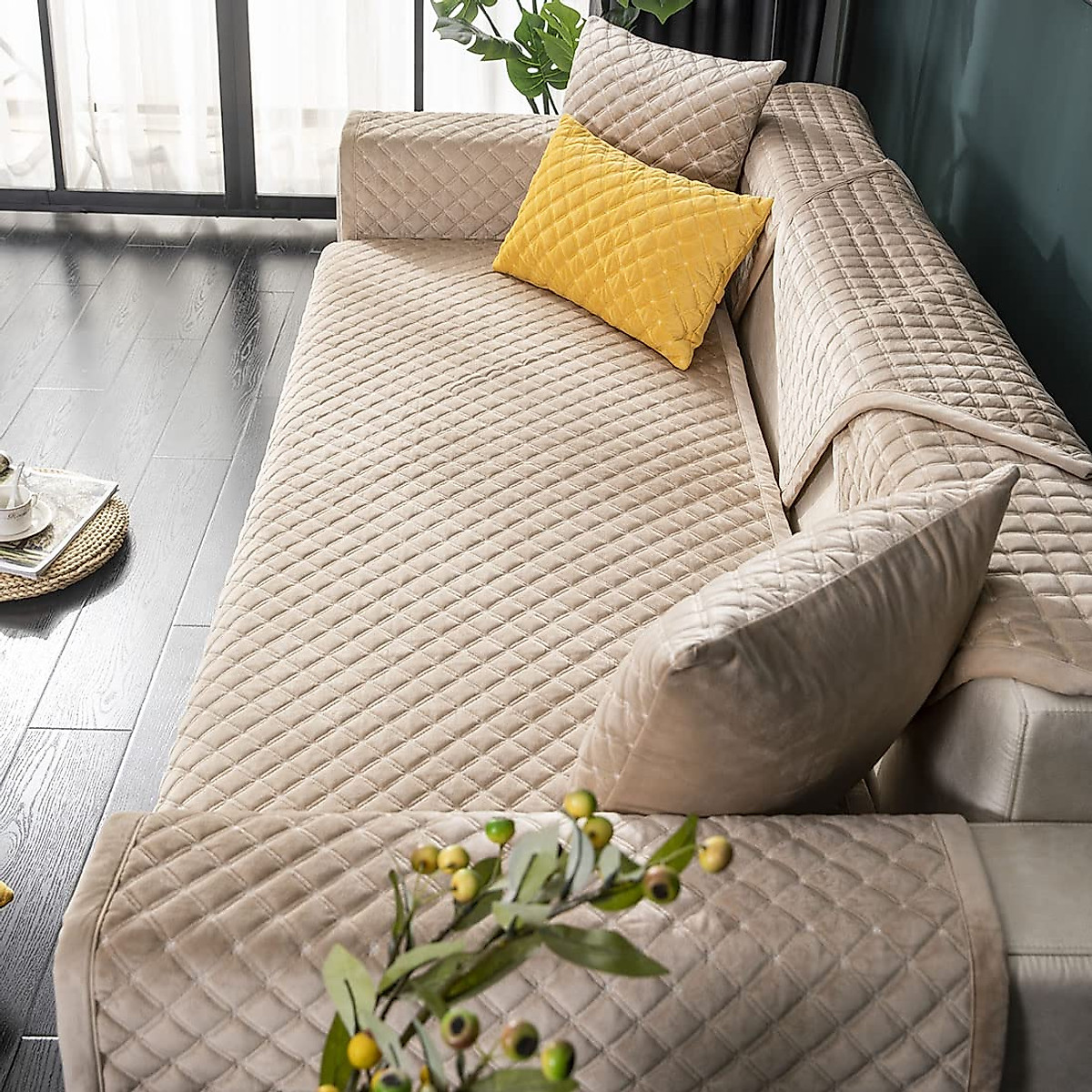 vctops Luxury Velvet Couch Sofa Cover Soft Plush Sectional Couch Covers Plaid Nonslip Sofa Slipcover for Dogs Cats Pet Love Seat Recliner Leather L Shaped, Armrest Backrest Cover (Camel,28"x47")