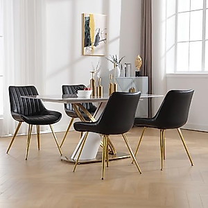 Shunzhi Mid-Century Modern Dining Chairs Set of 2 Black Leather Kitchen & Dining Room with Gold Legs Upholstered Kitchen Chairs Gold Accent Chairs Comfy Side Chairs with Back for Dining Living Room
