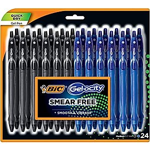 BIC Gel-ocity Quick Dry (DRIES UP TO 3X FASTER) Bulk 24 Pack Of 12 Black And 12 Blue Ink Pens, Smear Free, Retractable Gel Pens, Medium Point 0.7mm, Pens For Taking Notes For Adults Women & Men.