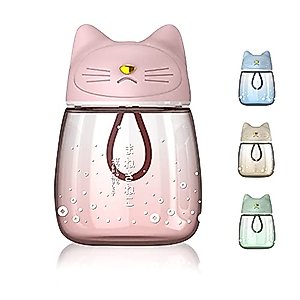 10 OZ Glass Water Bottle with Cat Ears Lid, Silicone Rope Cute Water Bottle, Leakproof Glass Drinking Bottle, Easy to Carry, Reusable (Pink)