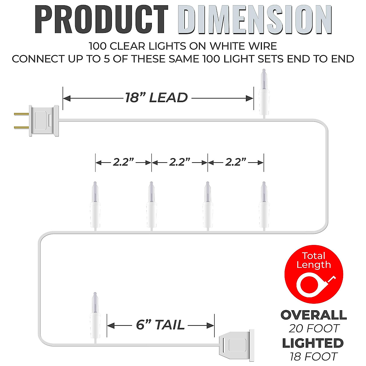 612 Vermont 100 Clear Christmas Lights on White Wire, UL Approved for Indoor/Outdoor Use, 18 Foot of Lighted Length, 20 Foot of Total Length