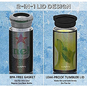 4 in 1 Insulated Slim Can Cooler with lid for 12 Oz Tall Skinny Can, Regular Can, Beer Bottle - Stainless Steel Double Walled Can Insulator Beer Coozy for Cans Koozie Coozies (Glitzy Black)