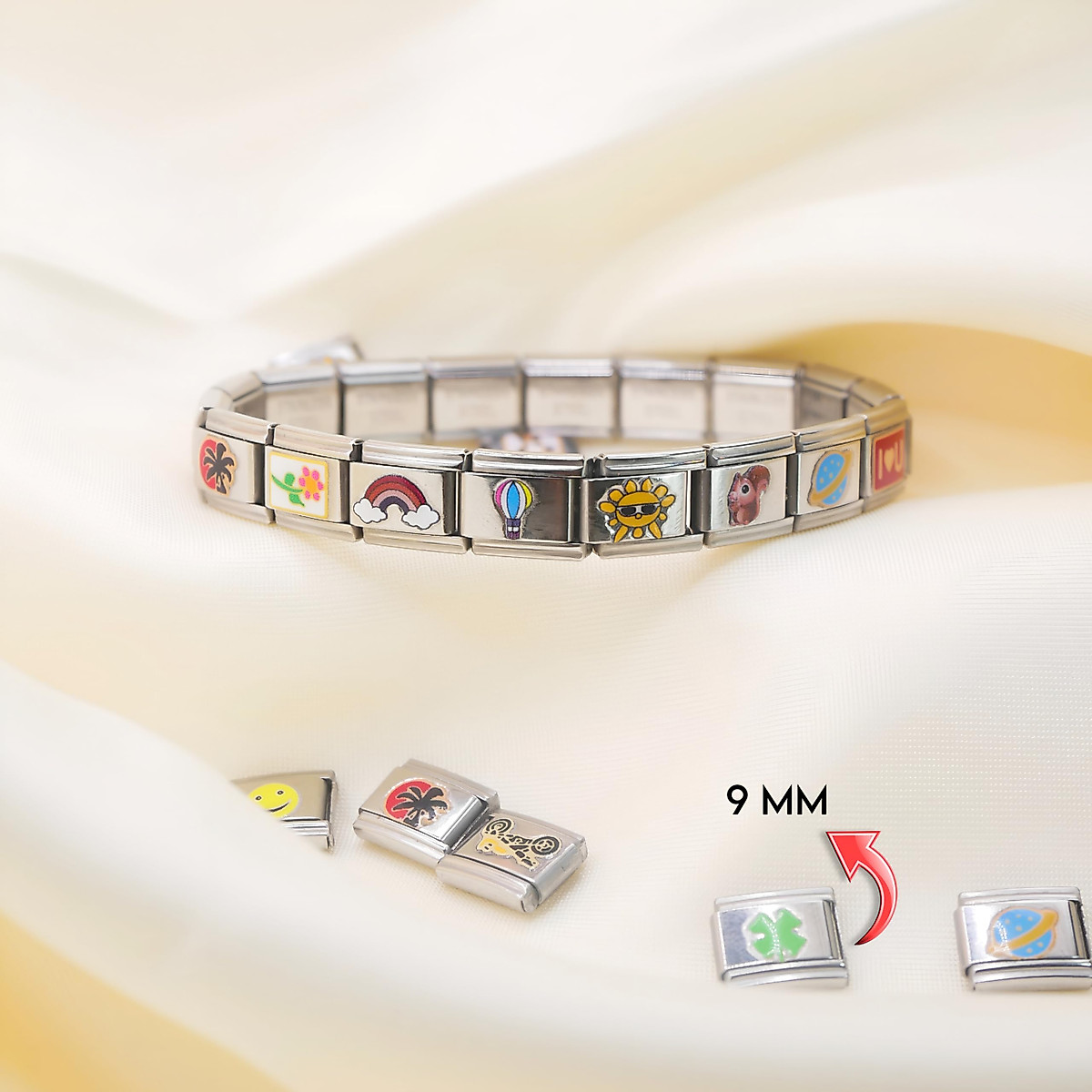 Decorated Italian Charm Bracelet, 18 charm bracelet with unique designs. 6.9 inches long, interchangeable charms