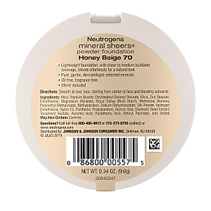 Neutrogena Mineral Sheers Compact Powder Foundation, Lightweight & Oil-Free Mineral Foundation, Fragrance-Free, Honey Beige 70,.34 oz (Pack of 2)
