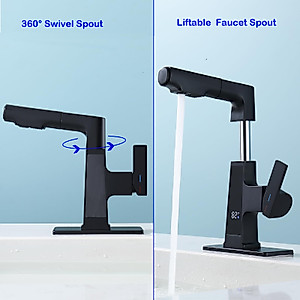 Zexzen Black Bathroom Faucet with Pull Out Sprayer, LED Bathroom Faucet with Temperature Display Modern Sink Faucet for Kitchen RV Bar with 2 Spray Modes and Liftable Vanity Faucet with Deck Plate