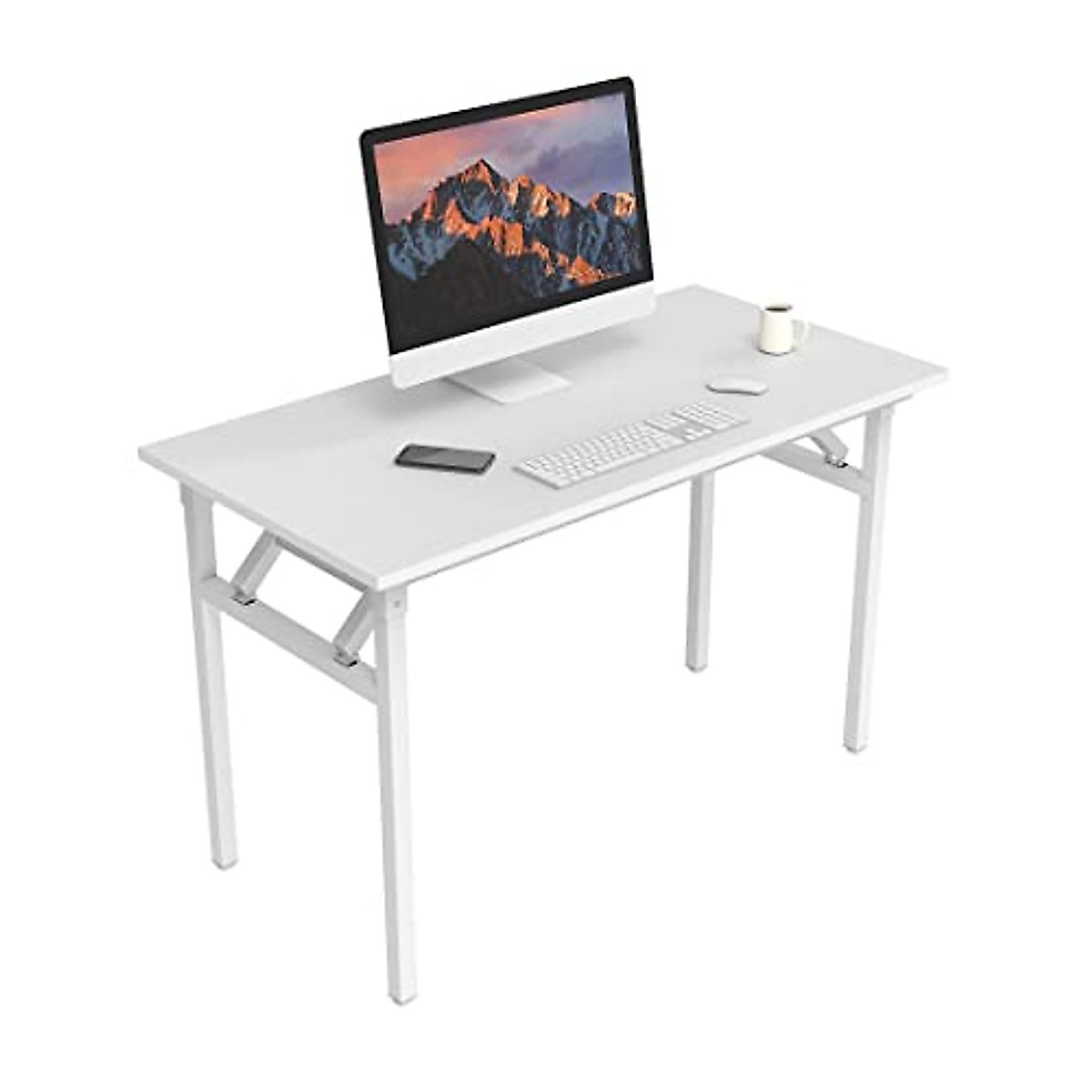 Halter Folding Desk Table for Small and Large Spaces, Collapsible Computer Desk for Office, Bedroom, and Study - 47” Space-Saving Portable, Foldable Study Table - White Desk, White Frame