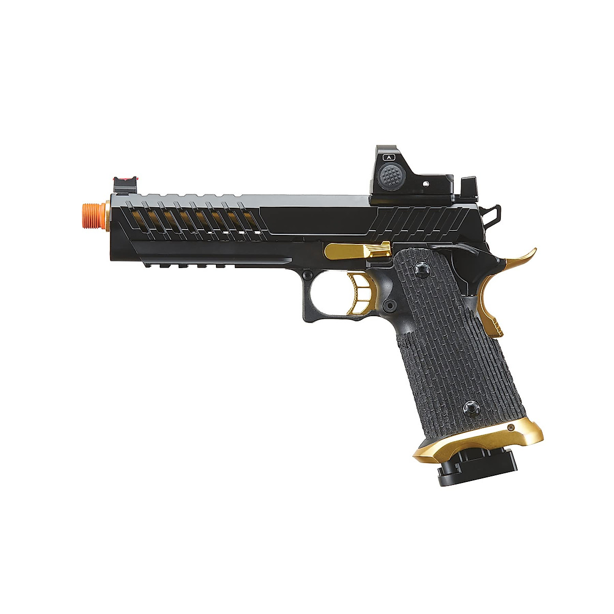 Lancer Tactical Knightshade Hi-Capa Gas Blowback Airsoft Pistol with Red Dot Mini Sight (Black/Gold)