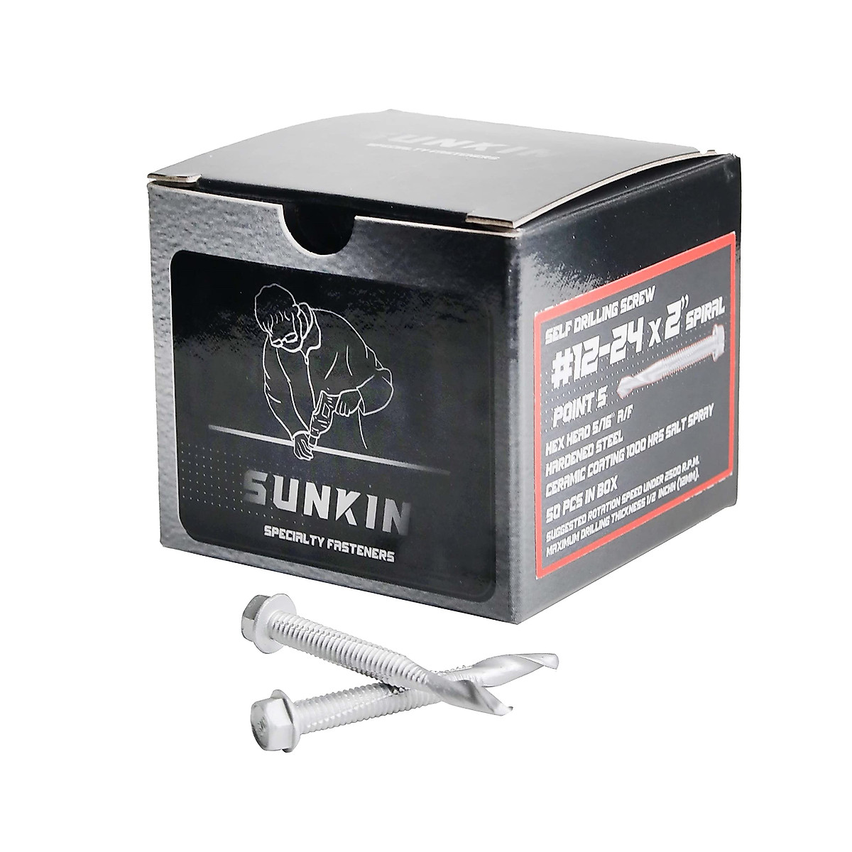 SUNKIN Self Drilling Screw for Metal Tek Screws Hex Head, Ceramic Coated, Drill Up to 1/2 Inches Mild Steel, 50 Counts | Ideal for Attach Thick Metal and Hard Wood (#12 x 2 inch)