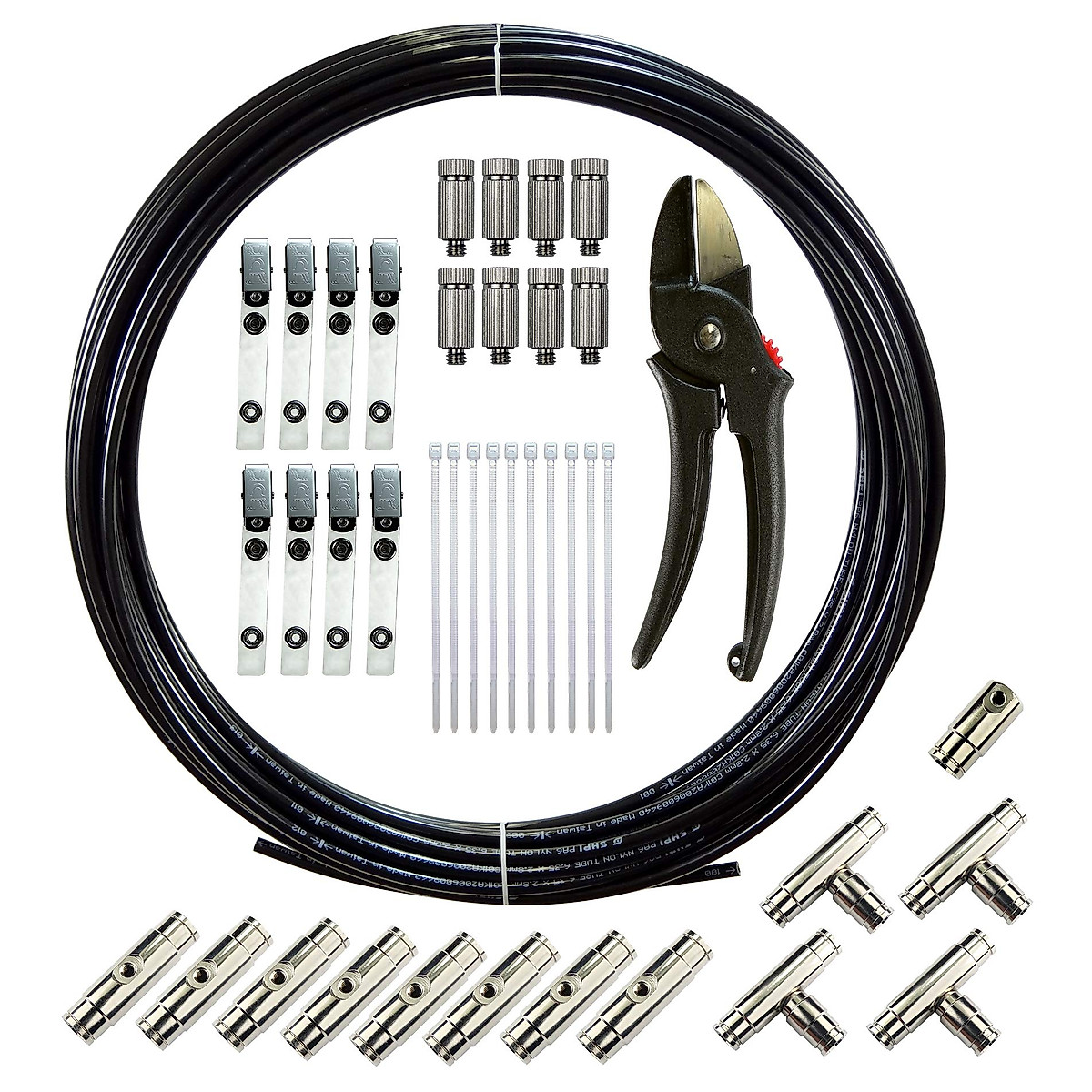 HydroMist 1/4 Inch High-Pressure Hose Kit with 8 Nozzles, Mist Line Kit, 50 Ft. Nylon Hose, Tube Cutter, Used to Cut and Assemble High-Pressure Tubing and Fittings, Black