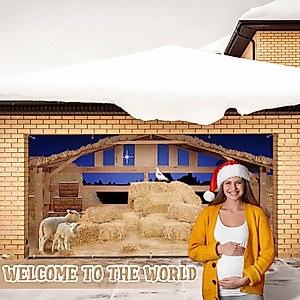 Preboun Christmas Nativity Garage Door Banner Cover Nativity Stable Scene Backdrop Banner Farm Barn Backdrop Christmas Banner Western Photo Backdrop Outdoor Xmas Holiday Winter Party Decor (8 x 16 FT)