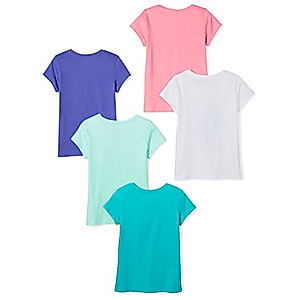 Amazon Essentials Girls' Short-Sleeve T-Shirt Tops - Discontinued Colors, Pack of 5, Aqua Green/Blue/Pink/Turquoise Blue Text Print/White Unicorn, Medium