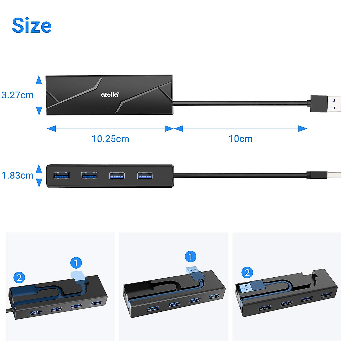 USB Hub, atolla 4-Port USB Splitter with Cable Fitting Slot & LED Indicator, Ultra-Slim USB 3.0 Hub for MacBook Air 2015/2016/2017, Mac Pro/Mini, iMac, Surface Pro, XPS, PC