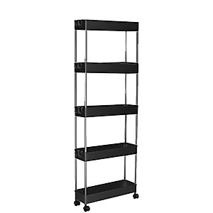 mupera Slim Storage Cart - Upgraded 5 Tier Rolling Utility Cart with Wheels Organizer for Kitchen Bathroom Laundry Narrow Places, Tower Rack Shelf Trolley Cart w/ 8 Side Hooks, Black