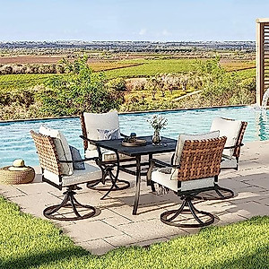 Grand patio 5-Piece Outdoor Dining Set, 4 Steel Leather-Look Resin Wicker Swivel Patio Chairs & 1 Square Dining Table, Black