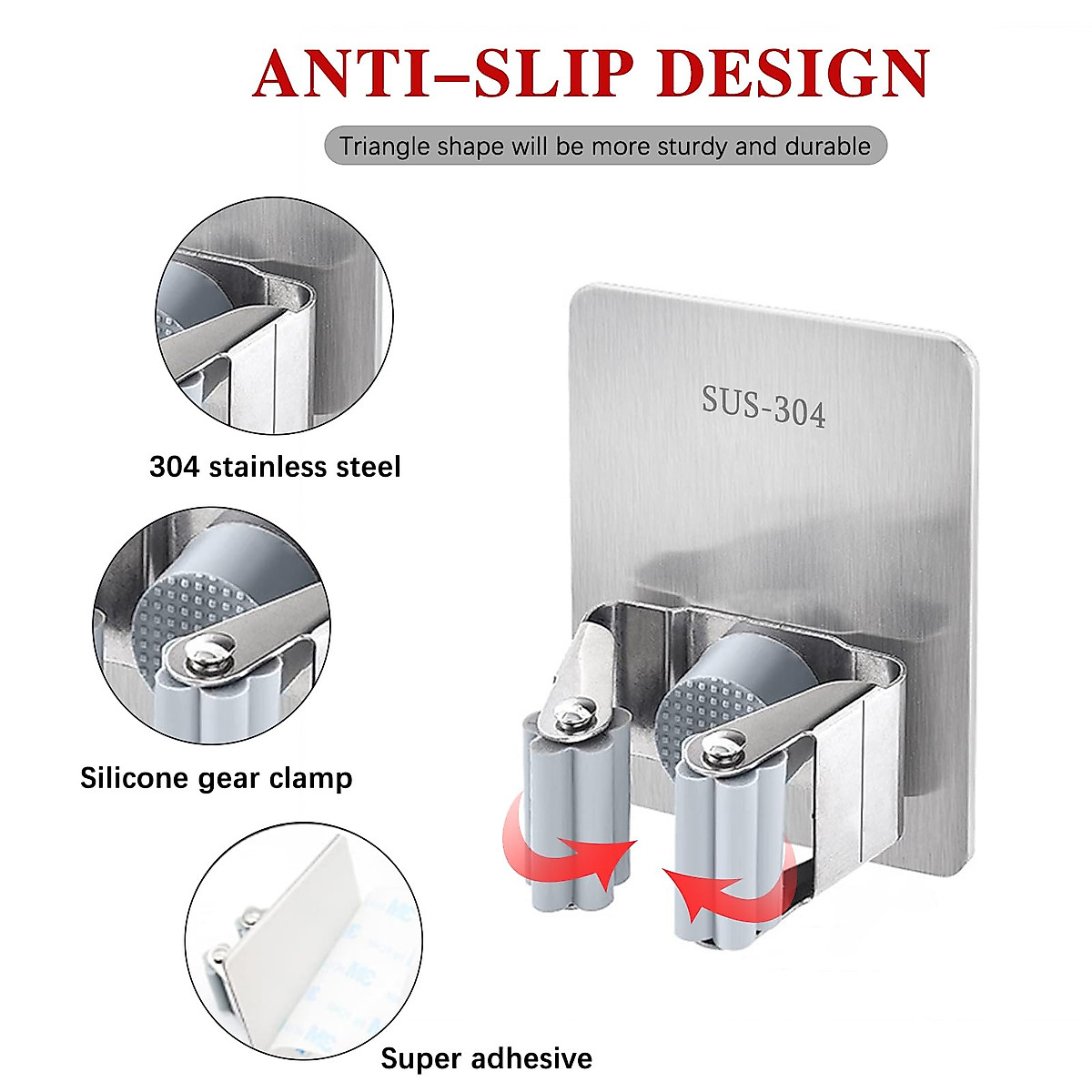 2PCS Broom Holder Wall Mount Self Adhesive Mop and Broom Holder Stainless Steel Broom Hanger Heavy Duty for Laundry Storage Bathroom Kitchen Garage