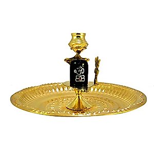 Crafting Bear Shaligram Shiva Ling Lingam Statue Marble Stone Snake Trishul Set Brass Stand with Decorative Pooja Thali for Home Temple Decor, 8 cm