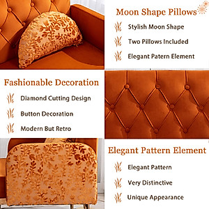 55-inch Small Velvet Couch with Elegant Moon Shape Pillows, Twin Size Loveseat Accent Sofa with Golden Metal Legs, Living Room Sofa with Tufted Backrest, 600 Pounds Weight Capacity, Orange