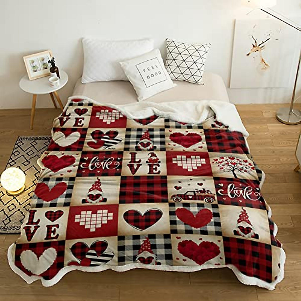 Sherpa Throw Blanket Red Buffalo Plaid,Soft Cozy Blankets Love Gnome Mother's Day,Romantic Thick Reversible Fleece Flannel Plush Microfiber Throws for Couch Bed Sofa Wedding