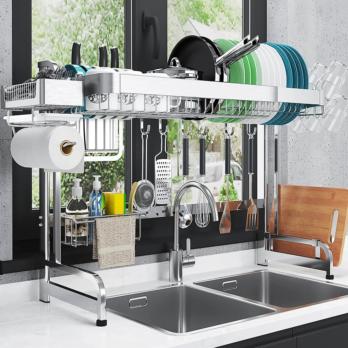 LIVOD Over The Sink Dish Drying Rack, 2 Tier Over Sink Dish Drying Rack Width Adjustable(25.6-37.6in), Durable Stainless Steel Dish Rack Over Sink Organizer, Space Saving Kitchen Sink Drying Rack