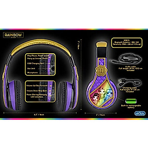 eKids Rainbow High Kids Bluetooth Headphones, Wireless Headphones with Microphone Includes Aux Cord, Volume Reduced Kids Foldable Headphones for School, Home, or Travel