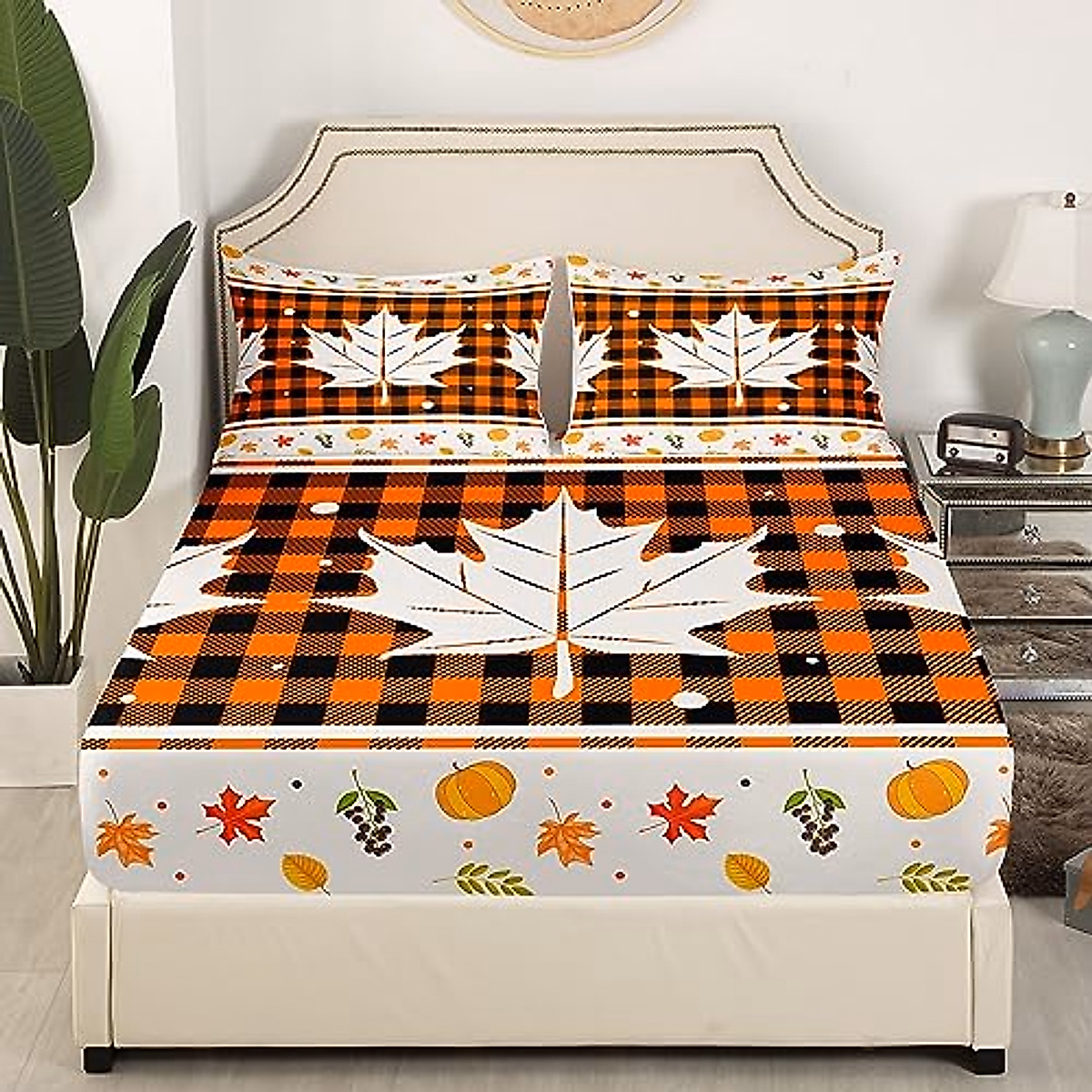 Feelyou Thanksgiving Decor Bed Sheet Set Twin Size with 1 Pillow Case Thanksgiving Day Bed Sheets Fall Pumpkin Decor Bedding Set Maple Leaf Flat Sheet for Kids Adults