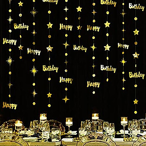 Gold Happy Birthday Decorations Happy Birthday Circle Dot Twinkle Star Garland Metallic Hanging Streamer Bunting Banner Backdrop for 1st 13th 16th 21st 30th 40th 50th 60th Birthday Party Supplies