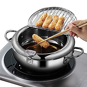 Deep Fryer Pot - Japanese Tempura Small Deep Fryer Stainless Steel Frying Pot With Thermometer,Lid And Oil Drip Drainer Rack for French Fries Shrimp Chicken Wings and Shrimp (24cm/9.4inch)